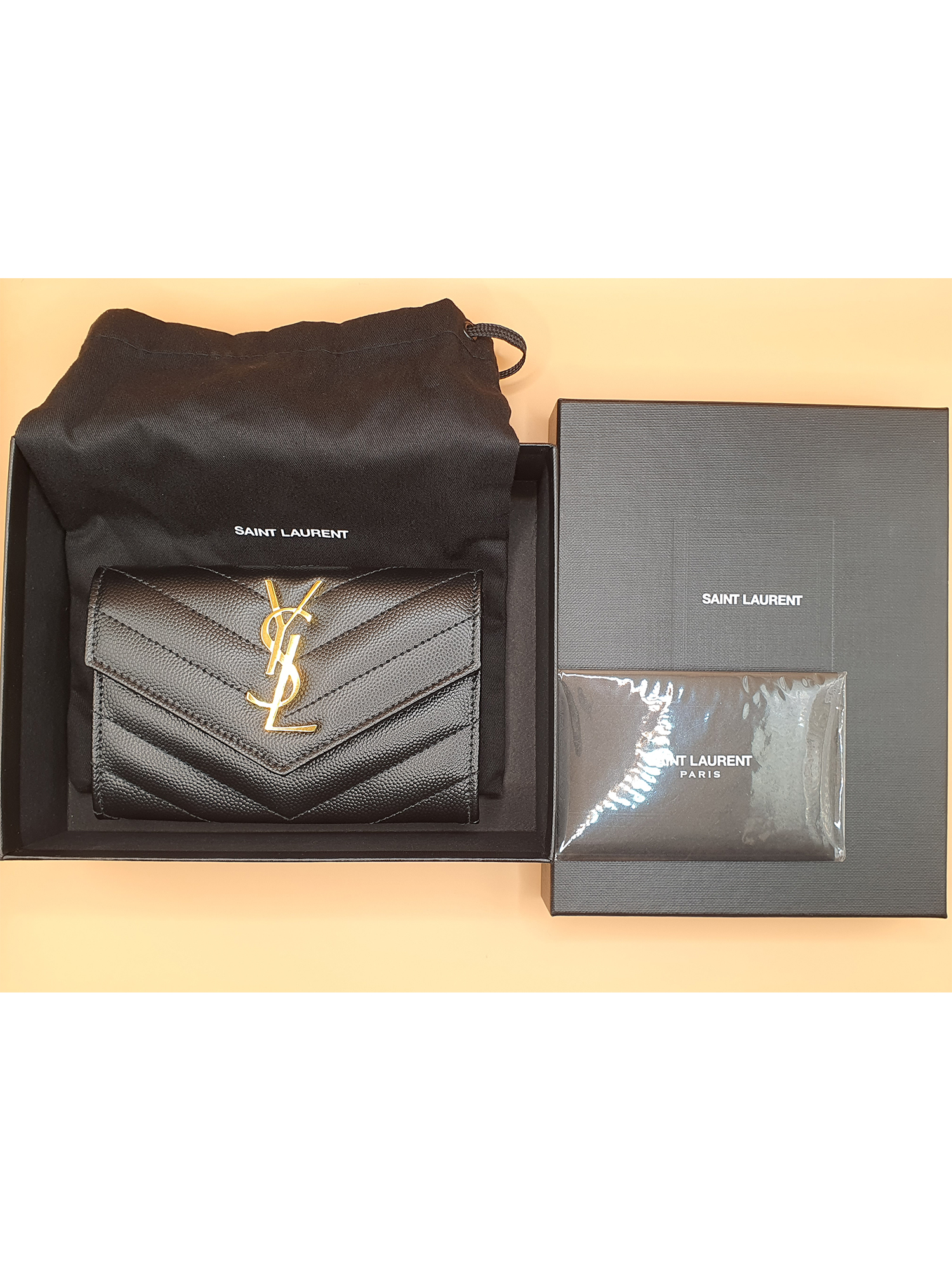 Saint Laurent (YSL) Black & Gold Small Monogram Envelope Wallet